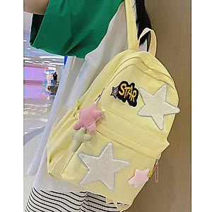 DuofLily Hiking Travel Backpack Trendy Y2K Stars Backpack Cute Aesthetic College Laptop Backpack Casual Daypack With pendant (yellow)