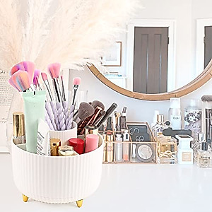 LEICURACE 360 Rotating Makeup Organizer Desktop Lazy Susan Cosmetic Desk Storage Container Makeup Brush Holder for Eyeshadow Brush Lipstick Holder Pen Holder(White)