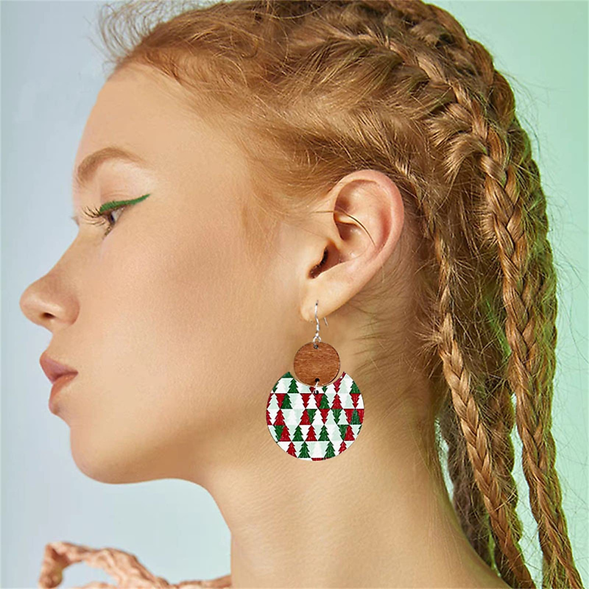 coadipress Colorful Christmas Plaid Round Wooden Dangle Earrings for Women Plaid Snowflake Deer Tree Flower Print Earrings Lightweight Wooden Earring Christmas Jewelry (Christmas Tree)