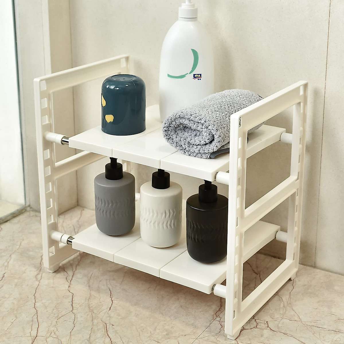 aceyoon Under Sink Organizer and Storage, 2 Tier Expandable Kitchen Under Sink Shelf With 2 Pull Out Drawers and 6 Removable Panels, Adjustable Under Sink Cabinet Rack for Bathroom/Balcony/Cloakroom