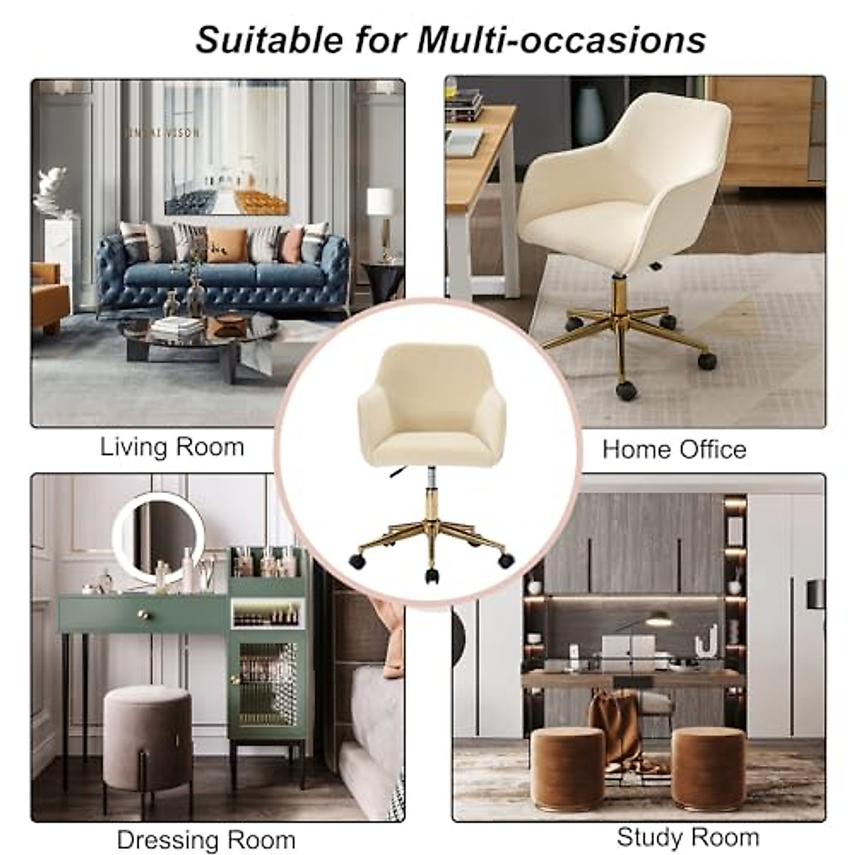 Yoluckea Modern Velvet Home Office Chair, Adjustable Swivel Office Chair for Living Room,Cute Desk Chair for Teen Girl,Upholstered Task Accent Chair Executive Vanity Chair Cream White