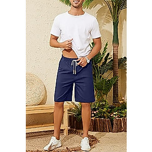 HORSSLE Men's Linen Shorts Casual Elastic Waist Drawstring Summer Beach Shorts Classic Fit Navy Blue