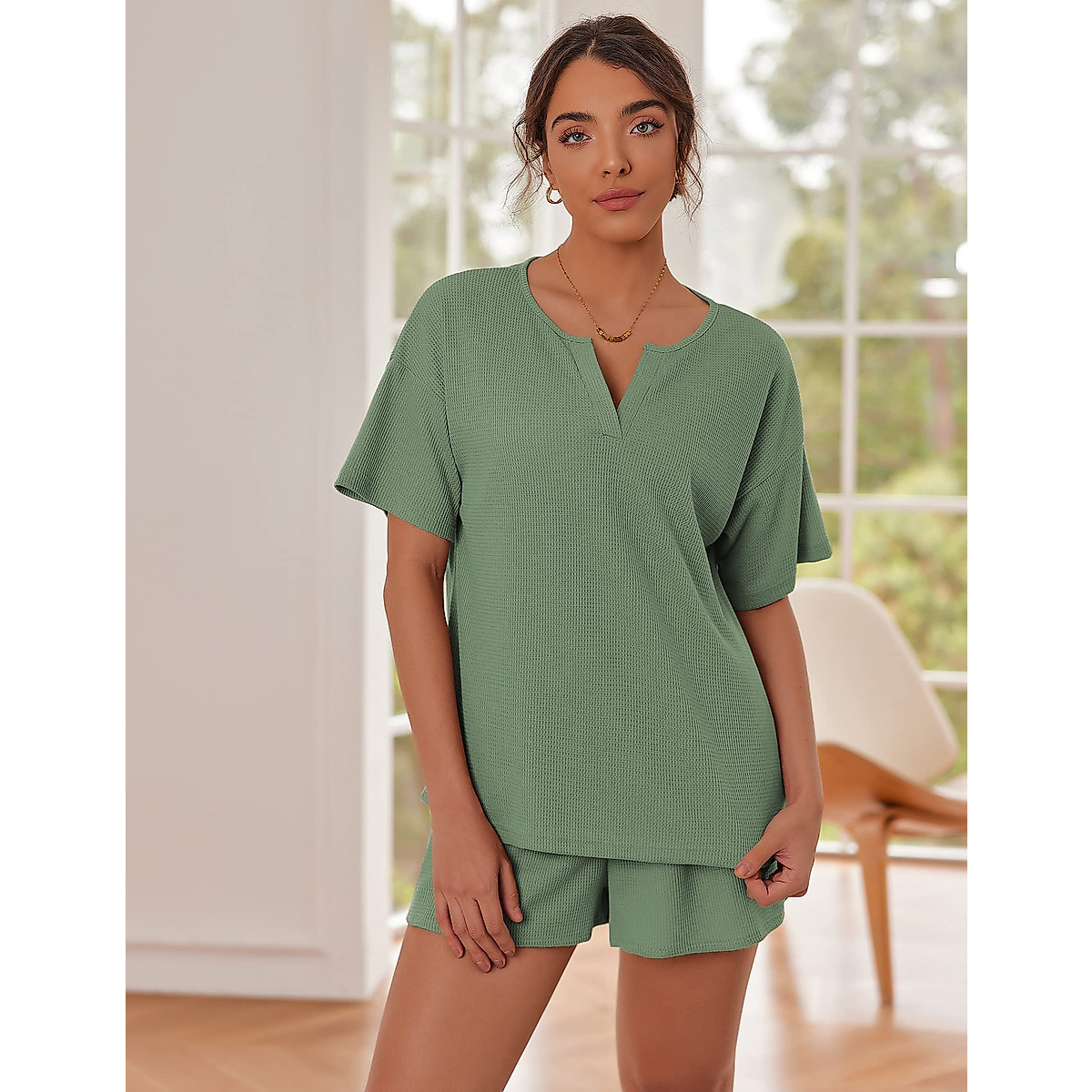 Ekouaer Waffle Knit Lounge Sets for Women 2 Piece Outfits Short Sleeve Top and Shorts Pajama Sets Tracksuit Sweatsuits Grey Green