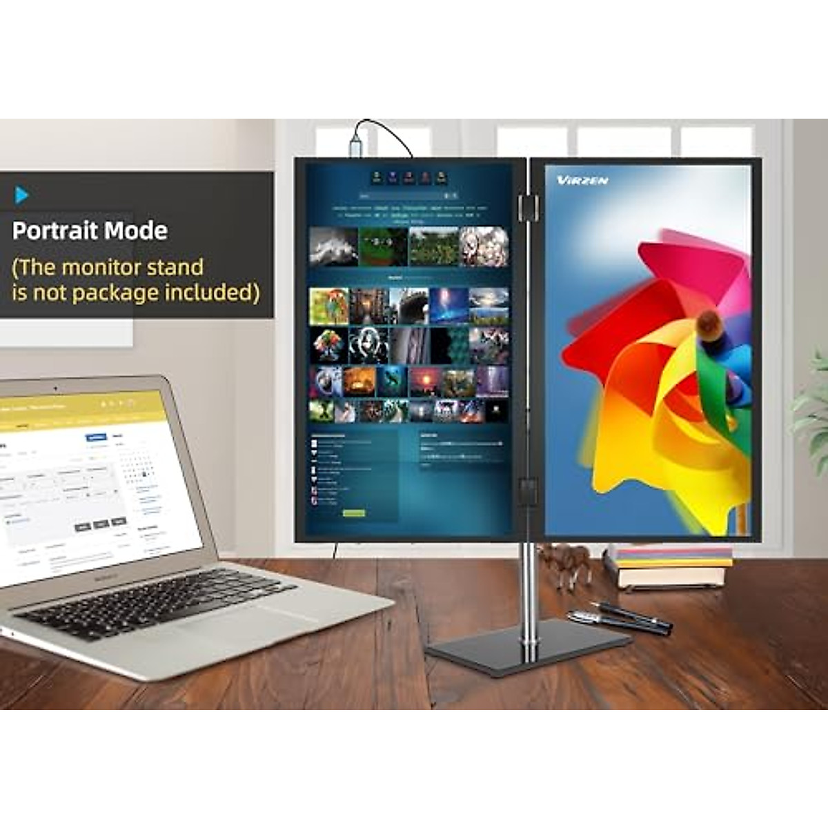 Virzen Triple Screen 15.6" Portable Foldable Monitor Dual Screen with VESA Extender 1080P FHD IPS for Laptop PC 360°Rotation Kickstand for Windows MAC OS Smartphone,PS5,Switch