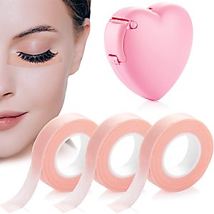 3 Pieces Eyelash Extension Tape Breathable Micropore Fabric Tape for Eyelash Extension Adhesive Pink Lash Tape with Heart-Shaped Tape Dispenser Cutter, 0.5 Inch Wide, 10 Yards Long of Each