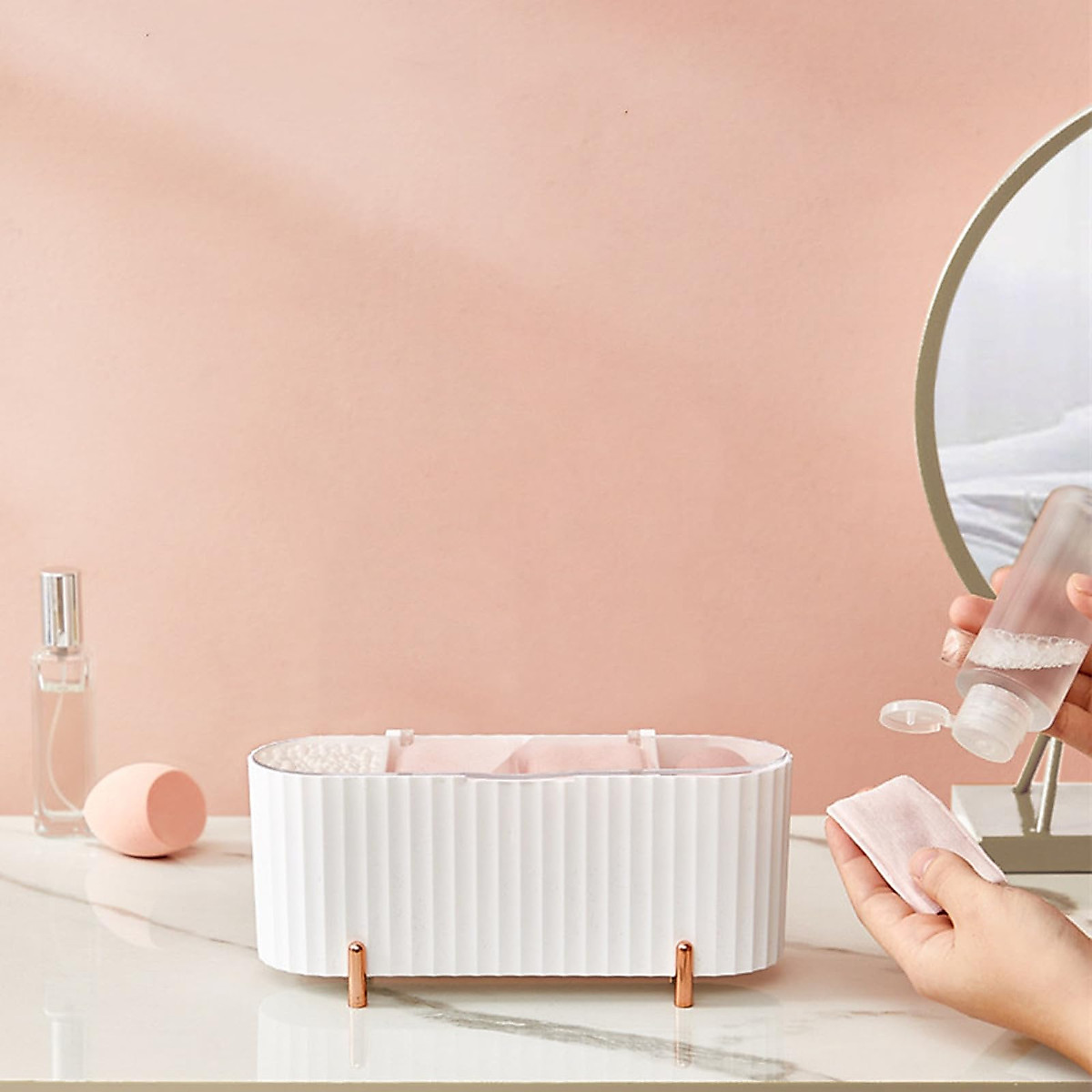 ZOOFOX 2 Pack Qtip Holder Dispenser, Cotton Pads Holder with Clear Lid, Adjustable 3-Grid Bathroom Canisters for Cotton Ball, Swab, Round Pads, Floss, Perfume, Lipstick