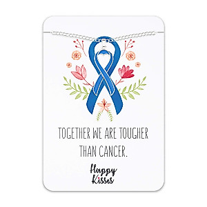 Happy Kisses Cancer Awareness Necklace - Ribbon Pendant, “Together We Are Tougher Than Cancer” - Gift for Women (Dark Blue Colon Cancer)