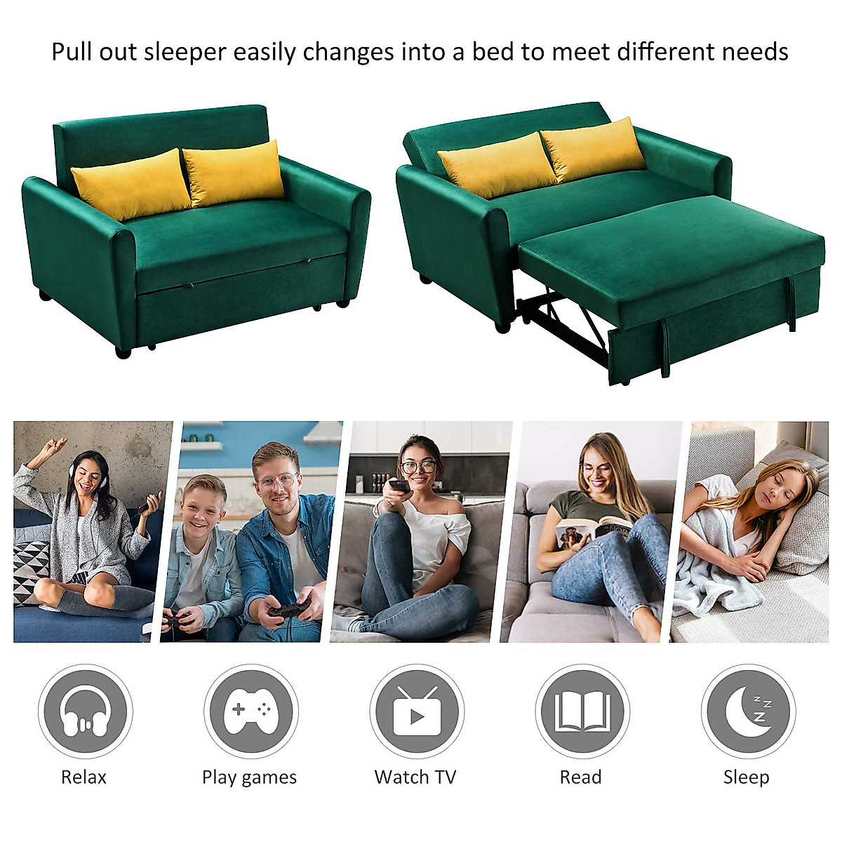 Couch with Pull Out Bed, Sleeper Couch Small Velvet Sofa with 2 Seats Sofa and Reversible Chaise, for Living Room Bedroom Small Space, 2 Lumbar Pillows, Compact, Green