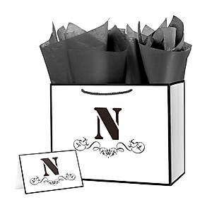 Letter Gift Bag with Wrapping Tissue for Men Women Boy Girl, 12" Large White Black Paper Bag for Birthday Anniversary Baby Shower Wedding Party - Single N