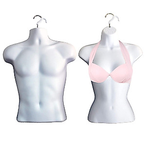 DisplayTown Male Female Mannequin Torso with Stand, Dress Form, Tshirt Display, Hollow Back Body w/Metal Stand and Hook for Countertop Craft Shows Tabletop Clothing S-M Size (White)
