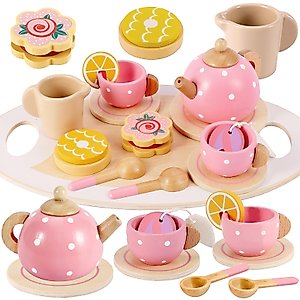BUYGER Pretend Play Princess Tea Party Set for 3 4 5 6 + Year Old Wooden Kitchen Play Food Accessories Sets Christmas Birthday Gifts for Toddler Little Girls Boys Age 3-5