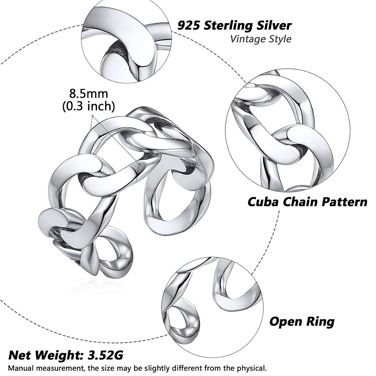 Silvora S925 Link Chain Open Ring, Sterling Silver Ring for Women Statement Engagement Enhancers Ring Engraving Customized Personalized (Send Gift Box)