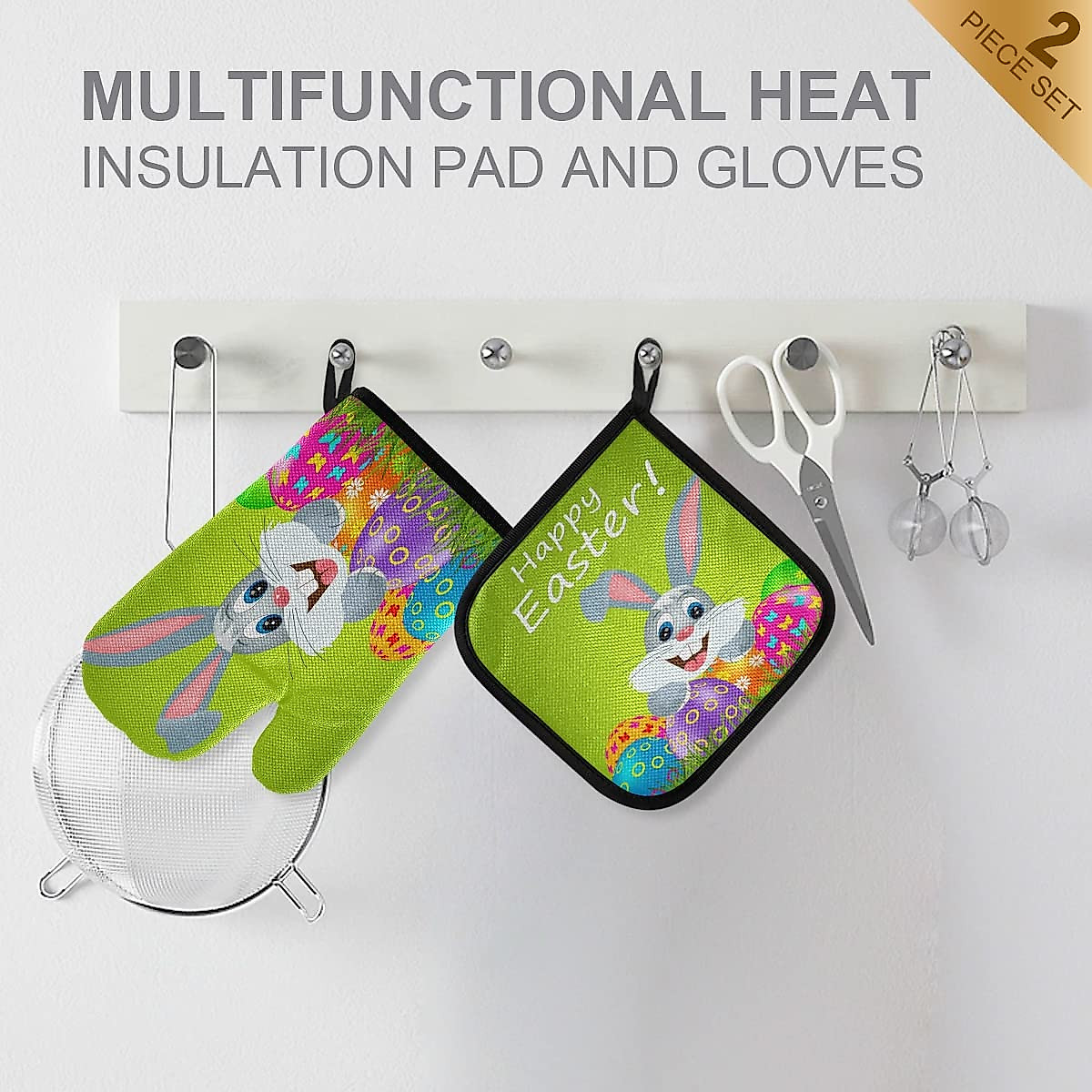 Easter Bunny Oven Mitts Potholders Set Colors Eggs Kitchen Baking Glove and Pot Holder for Cooking BBQ
