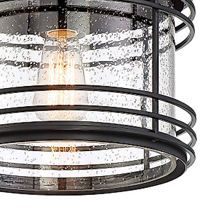 Possini Euro Design Mackie Modern Outdoor Semi Flush-Mount Ceiling Light Fixture Black Geometric 11" Clear Seedy Glass for Exterior House Porch Patio Outside Deck Garage Front Door Garden Home