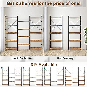 Giantex Triple 5-Tier Industrial Bookshelf- Freestanding Metal Frame Ladder Bookcase with 14 Open Shelves, Wooden Large Display Open Shelving for Living Room Home Office Study, Rustic Brown