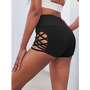 Aurgelmir Women's Workout Yaga Shorts High Waist Tummy Control Criss Cross Athletic Sports Booty Short Leggings Black