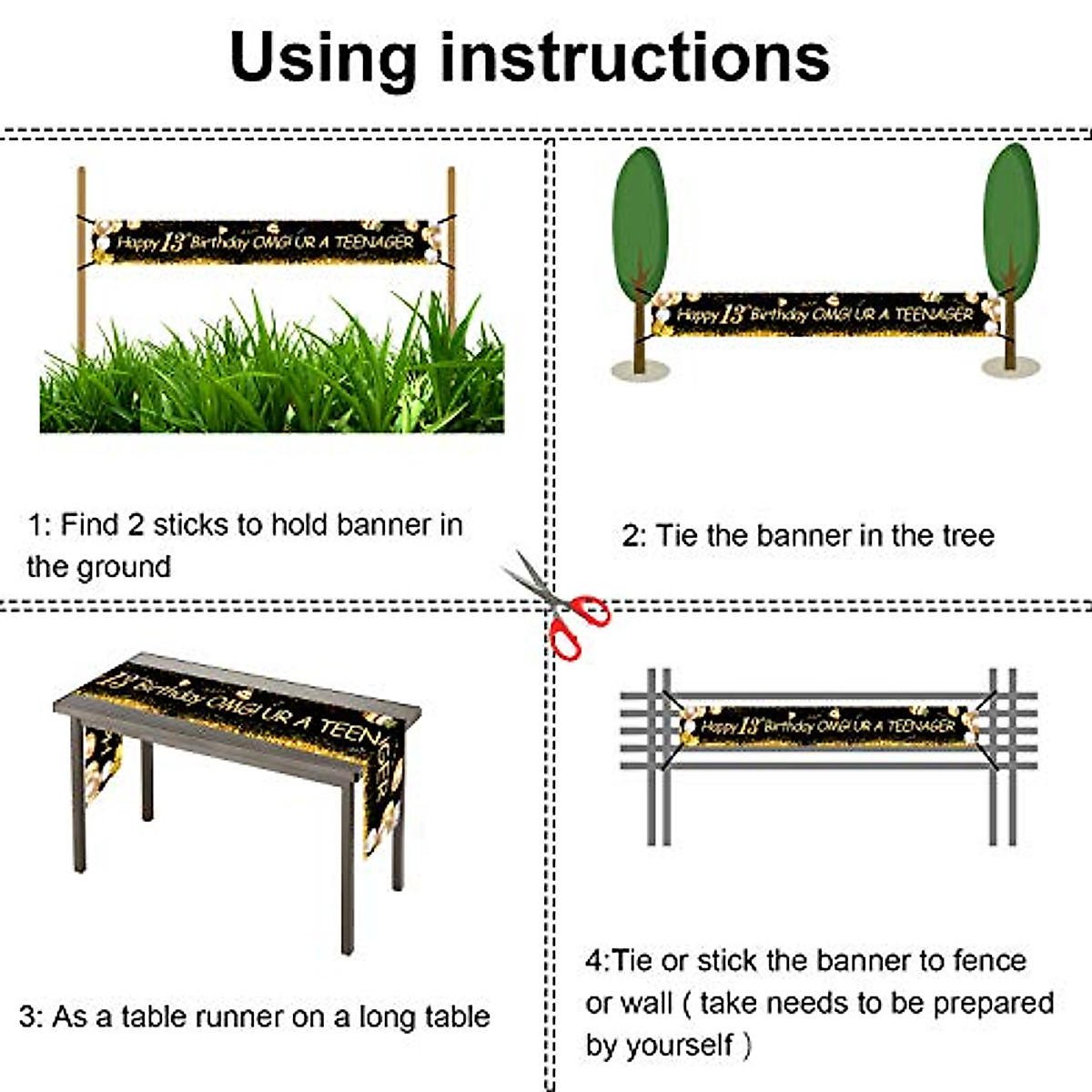 HOWAF Happy 13th Birthday Banner, Official Teenager Sign 13 Years Old Party Home Indoor Outdoor Decoration Teen Birthday Party Supplies Photo Prop Backdrop, 9X1.2 Feet