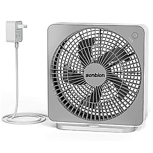 SONBION Small Window Fan, 10 Inch Box Fan, Quiet Electric Fan with Three Speeds, Square Desk Fan for Home Office Room Apartment, 1.7 LB Lightweight, AC Adapter Plug Powered, One Button Control Fan
