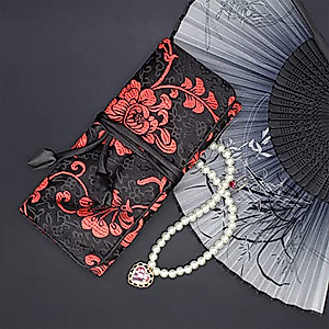 Wei Long Jewelry Roll,Travel Jewelry Roll Bag,Silk Embroidery Brocade Jewelry Organizer Case with Tie Close,(Golden Flower,Black)