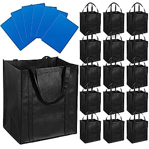 16 Pcs Reusable Grocery Bags Large Foldable Shopping Bags Non Woven Reusable Bags for Groceries Heavy Duty Grocery Tote Bags with Reinforced Handles and Sturdy Bottom, Black