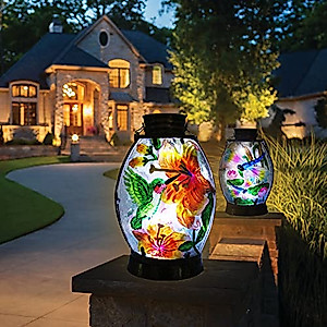 SUBOLO Hanging Solar Lantern Outdoor Garden Metal Glass Dragonfly & Hummingbird Pattern LED Light Solar Powered Waterproof Landscape Table Lamp for Patio, Yard and Pathway - 1 Pc
