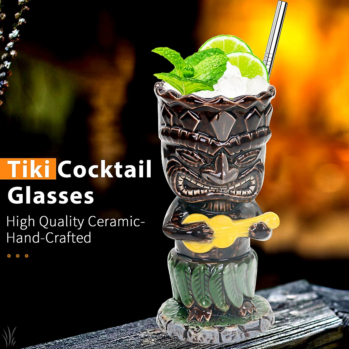 SuproBarware Tiki Mugs, 300ml Cocktail Glasses Set Colourful Ceramic Cocktail Cups Hawaiian Party Decoration for Exotic Party