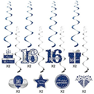 Blue Silver 16th Birthday Hanging Swirls Decorations for Boys, 16Pcs Happy 16 Year Old Birthday Foil Swirl Party Supplies, Sixteen Birthday Ceiling Hanging Sign Decor