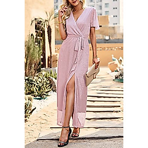 PRETTYGARDEN Women's Summer Maxi Glitter Dress Wrap V Neck Ruffle Sleeve Cocktail Party Long Dresses with Slit (Pink,X-Large)