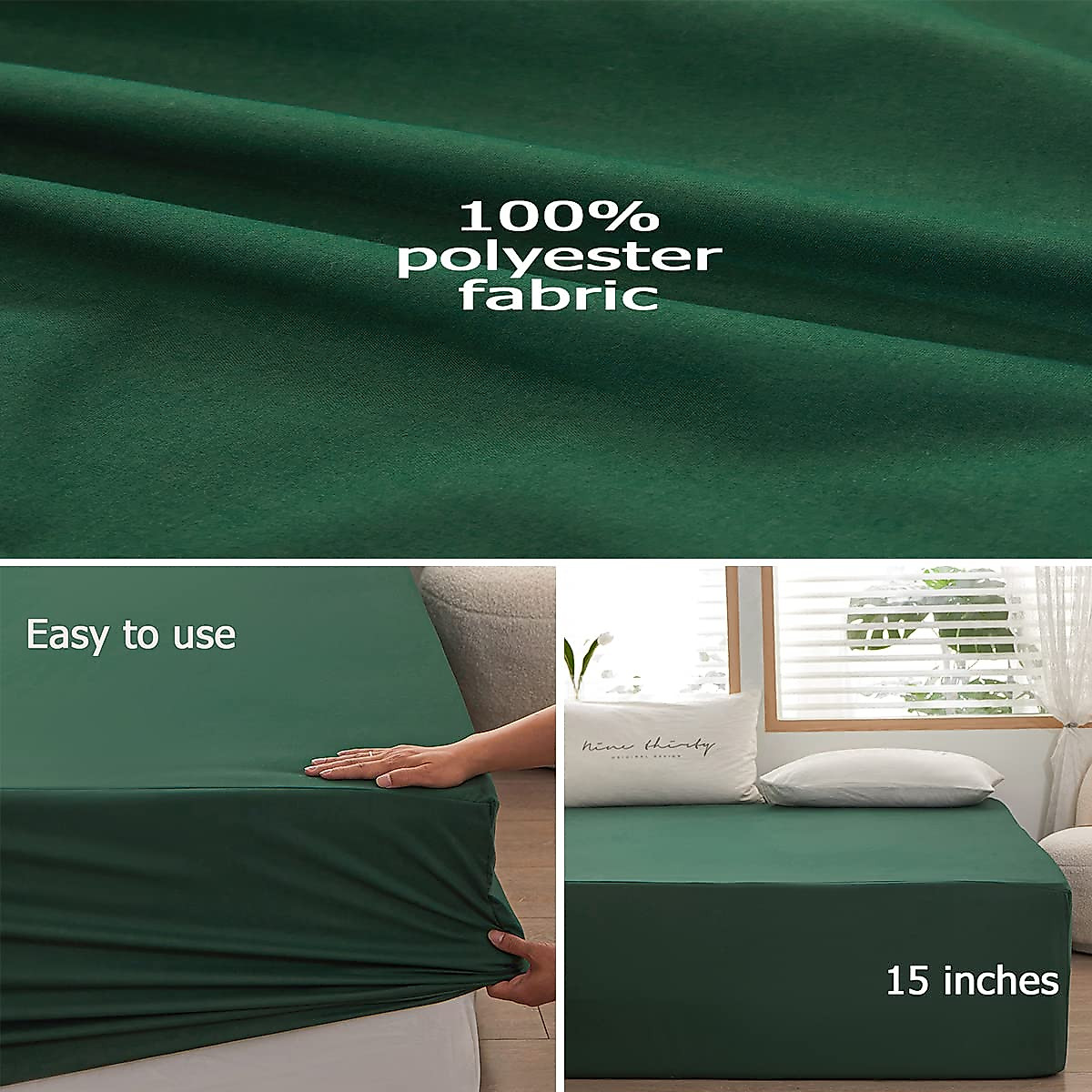 Bedding Twin Size Fitted Sheet Only-Twin Size Deep Pocket Bottom Sheet Fits 15inches Bed Matress Sheet Soft and Microfiber Easy Care-Dark Green