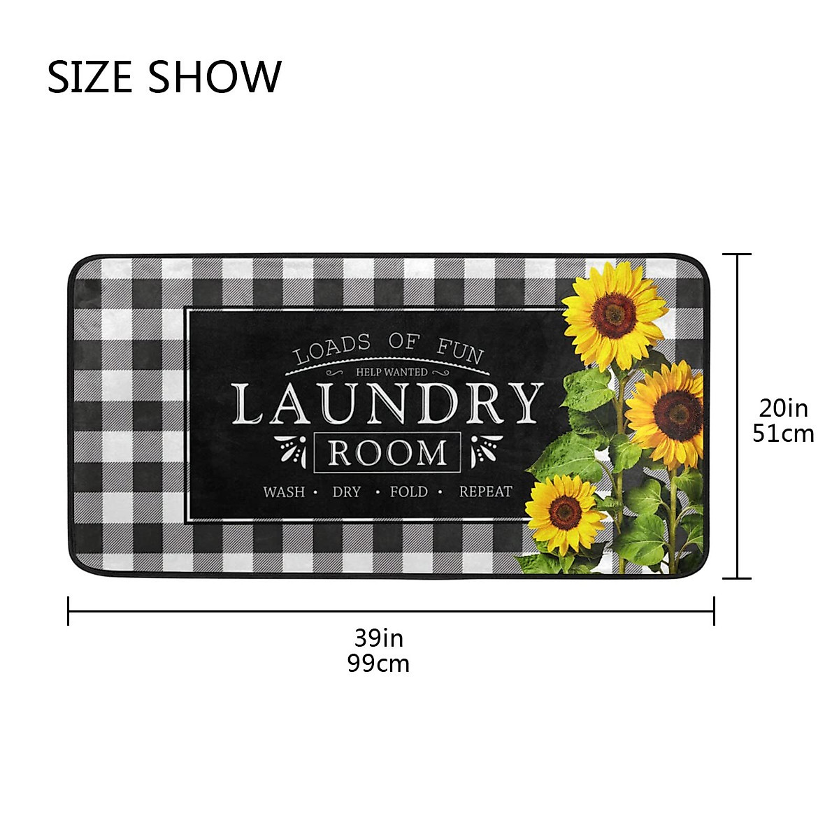 Black White Buffalo Plaid Laundry Room Rugs Sunflower Non Slip Laundry Mats Farmhouse Kitchen Floor Mat Bathroom Laundry Room Decor Accessories 39" X 20"