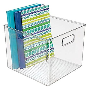 mDesign Small Modern Plastic Storage Organizer Bin Basket with Handle for Home Office Organization - Shelf, Cubby, Cabinet, and Closet Organizing Decor - Ligne Collection - Clear