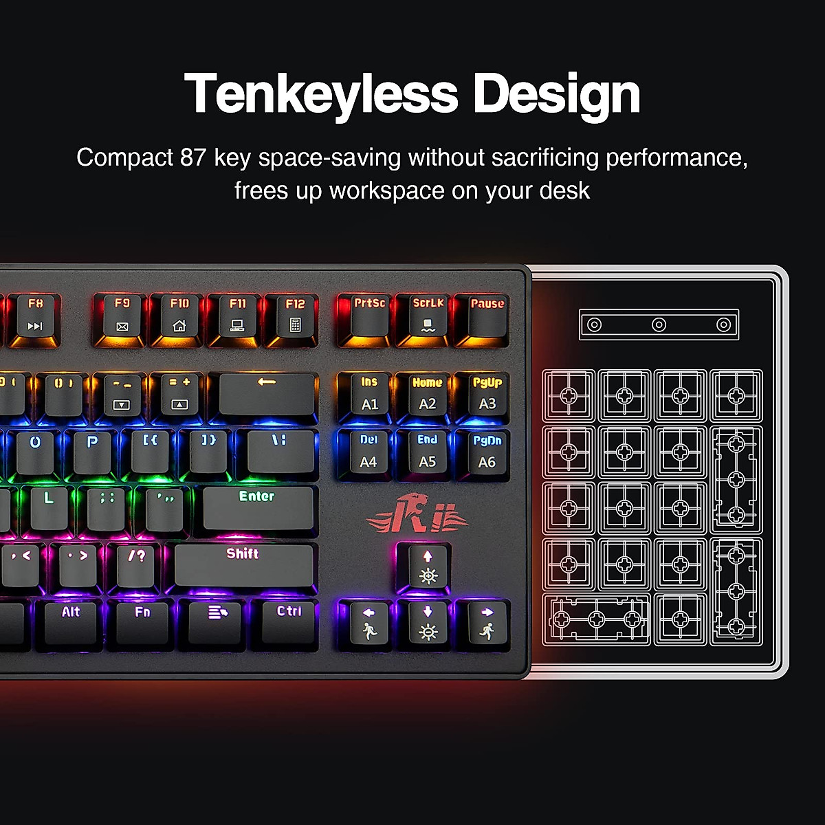 Rii RK908 Mechanical Gaming Keyboard RGB LED Rainbow Backlit Wired Compact Keyboard with Blue Switches 87 Keys for Windows PC Gaming