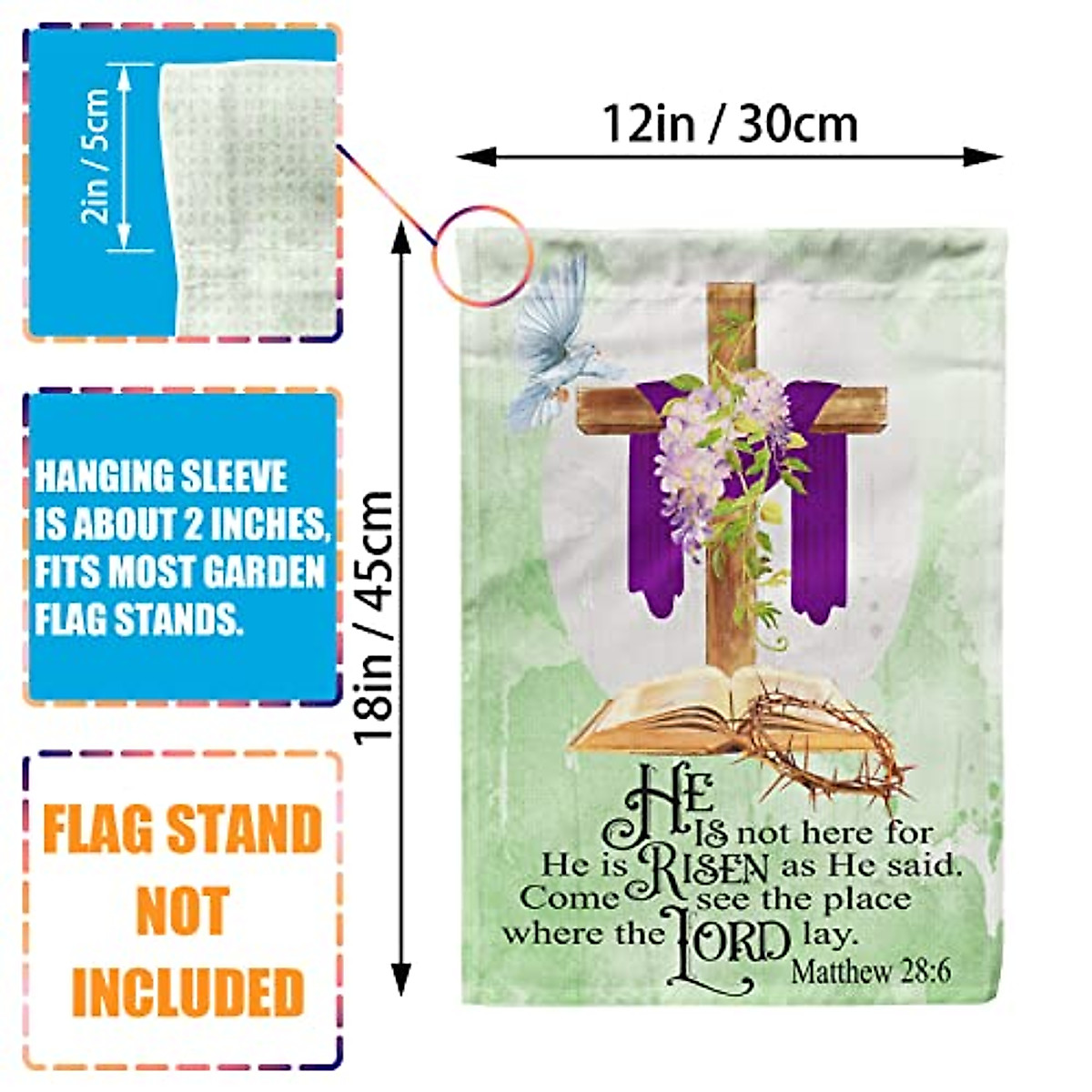 He is Risen Garden Flags 12x18inch Burlap, Easter Religious Cross Flags for Spring Holiday Yard Decorations Outdoor Matthew 28:6