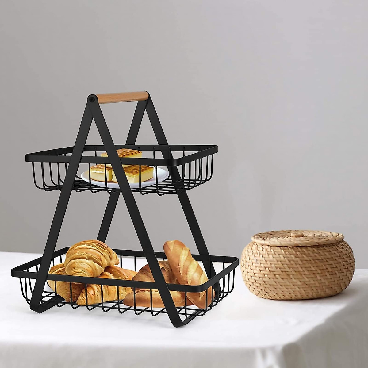 2 Tier Fruit Storage Basket Countertop for Kitchen, Rectangle Fruit Bread Wire Basket Vegetable Fruit Basket Bowl Stand Holder with Wooden Handle(Black)