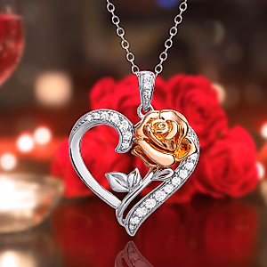 Disney Womens Beauty and the Beast Rose Necklace Officially Licensed - 18" Sterling Silver Necklace with Rose Heart Pendant