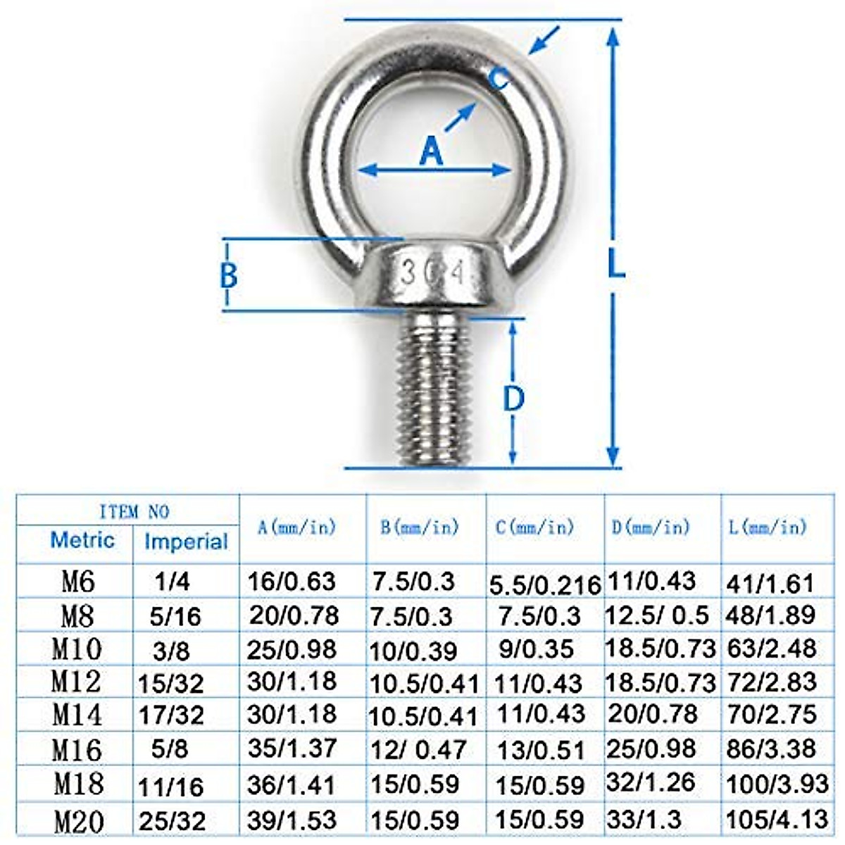 Pack of 2 M16 304 Stainless Steel Ring Shape Shoulder Lifting Rigging Eye Bolt Thread Machinery Shoulder Lifting Forged Eye Bolts