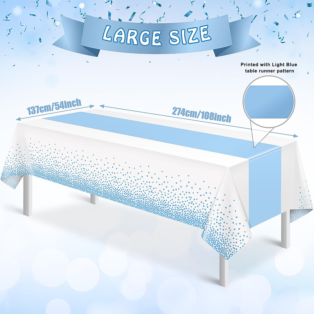 3Pcs White and Light Blue Tablecloth Party Decorations,Plastic White Table Cloth Printed Baby Blue Table Runner Disposable Rectangle Table Cover for Birthday Baby Shower Wedding Party,54 x108 Inch