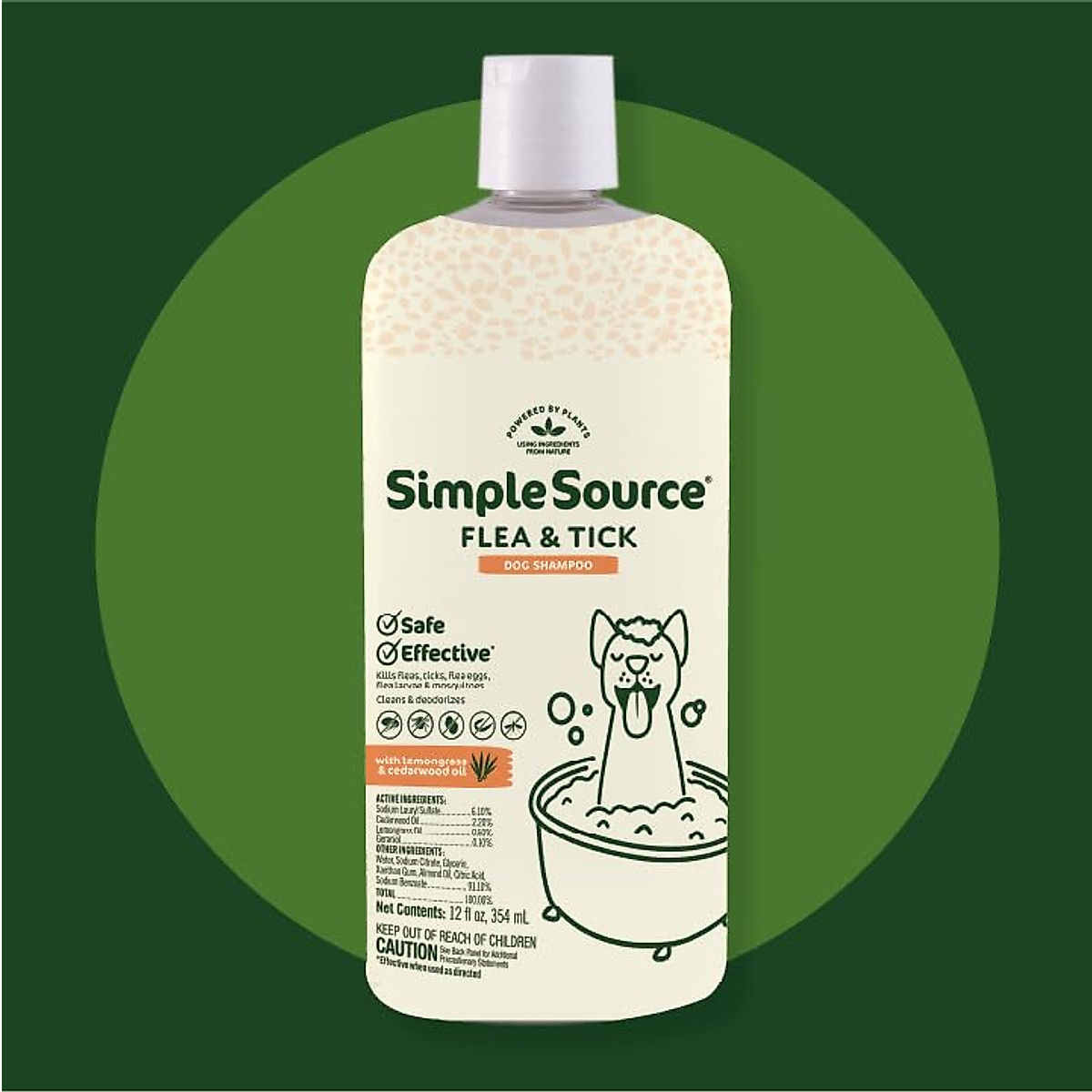 SimpleSource® Flea & Tick Shampoo for Dogs, Powered by Plants, Kills Fleas, Flea Eggs, Flea Larvae, & Ticks, & Mosquitos, Cleans & Deodorizes, 12oz Bottle
