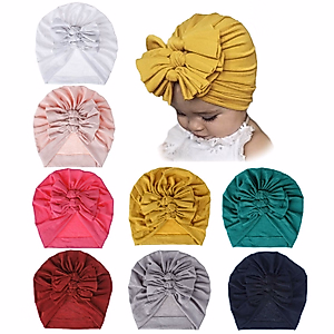 inSowni 8 Pack Solid Nursery Hospital Turban Hat Cap Beanie Bonnet with Knot Bow for Baby Girls Toddlers Newborns Infants