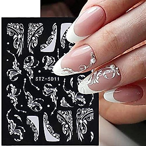 Flower Nail Art Stickers Decals, 8 Sheets 5D Engraved Flower Nail Decals White Wedding Nail Art Accessories French Tips Nail Designs Self Adhesive Lace Flower Carving Nail Stickers for Women Girls