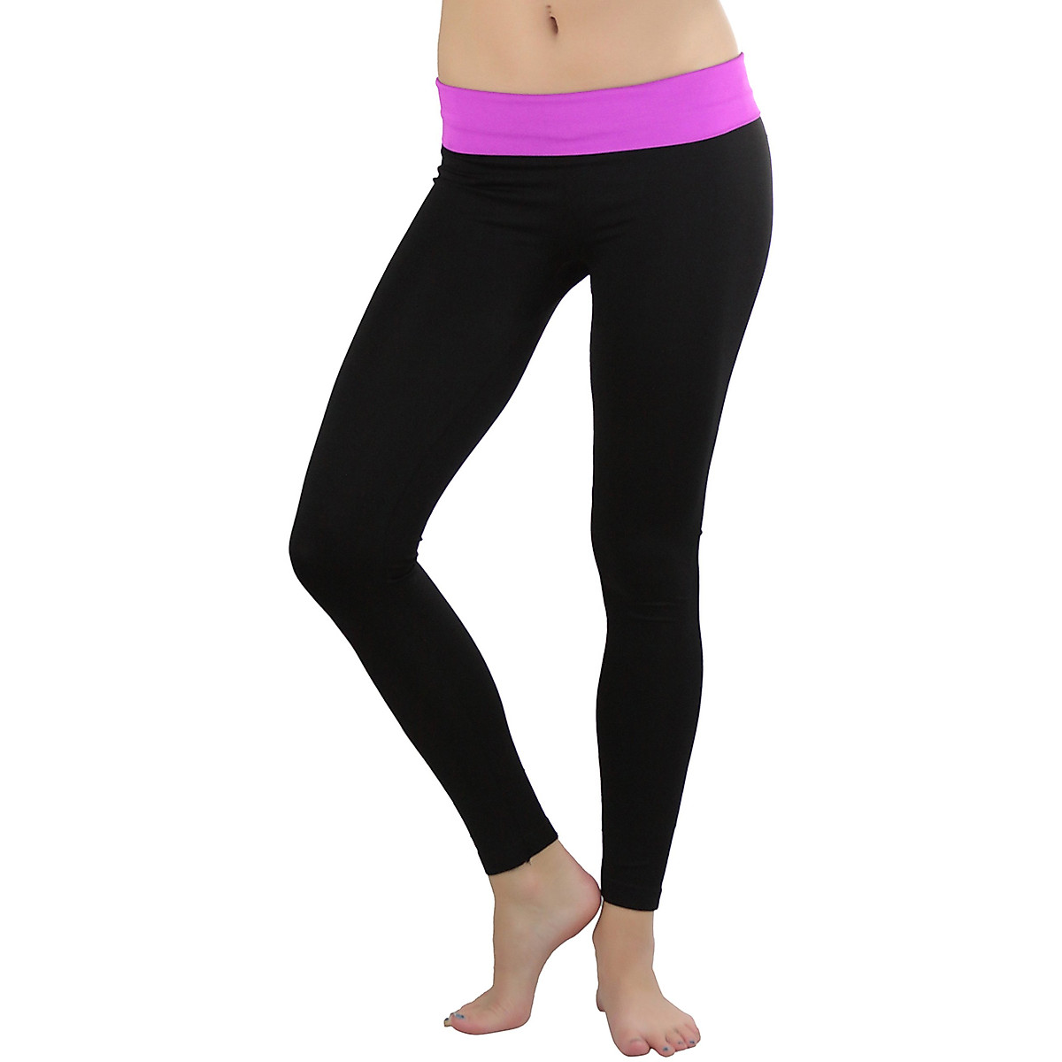 ToBeInStyle Women's Black Athletic Leggings with Fold-Over Contrast Waistband - Magenta