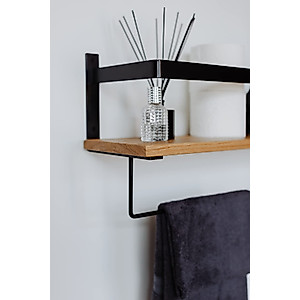 Wood Floating Shelves with Metal Towel Bar, Oak Kitchen Wall Storage Towel Rack, Bathroom Towel Holder, Wall Mounted Steel Towel Rack ETHIMO Bold I