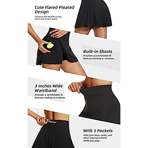 Betaven Pleated Tennis Skirts for Women with Pockets Build in Shorts Golf Skort High Waisted Athletic Running Activewear,A-Black,Medium