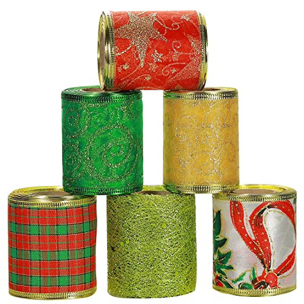 Christmas Ribbon Wired Wrapping Ribbon, 6 Rolls 36 Yards Red Green Gold Christmas Tree Ribbons Garland for Xmas Holiday Decorative Gift Wrapping Tree Wreaths Bows Decorations