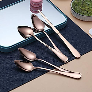 HOMQUEN Rose Gold Grapefruit Spoons 5 Pieces Set, 4 Stainless Steel Grapefruit Spoon and 1 Grapefruit Knife with Titanium Plating, Grapefruit Utensil Set, Serrated Edges Spoon Pack of 5
