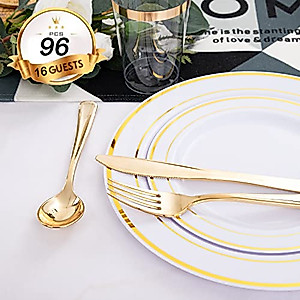 WELLIFE 96 Pcs Gold Plastic Plates, Disposable Gold Silverware and Cups, Gold Dinnerware Set Perfect, Includes: 16 Dinner Plates 10.25", 16 Dessert Plates 7.5", 16 Cutlery