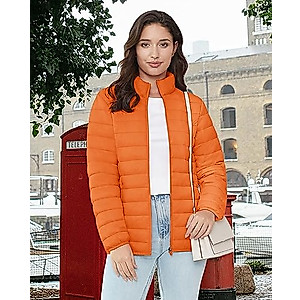 MAGCOMSEN Puffer Coat Women Winter Ultra-light Quilted Padded Jacket with 4 Pockets Full Zip Stand Collar Warm Coat, Orange M