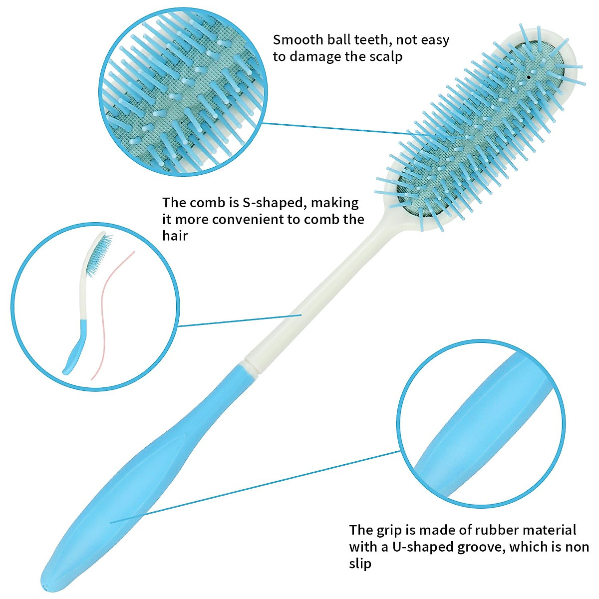 Kesywale Long Reach Handled Comb and Hair Brush Set for Elderly and Hand-Disabled People, Not Need to Lift Hand (Blue)