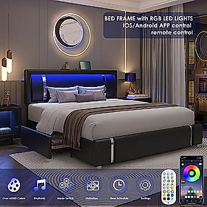Keyluv Queen Bed Frame with RGB LED Lights Headboard & 2 Storage Drawers, Modern Upholstered Faux Leather Platform Bed with Iron Metal Decor, USB & USB-C Charging Ports, No Box Spring Needed, Black