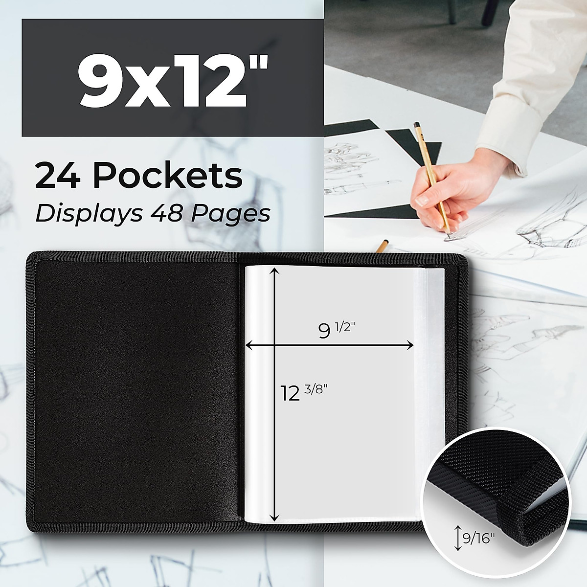 Dunwell Art Portfolio 9x12 Folder - (Black), Portfolio Folder for Artwork, Presentation Book with 9 x 12" Sheet Protectors, 24 Pockets Display 48 Pages, Binder for Kids Art, Drawing Binder